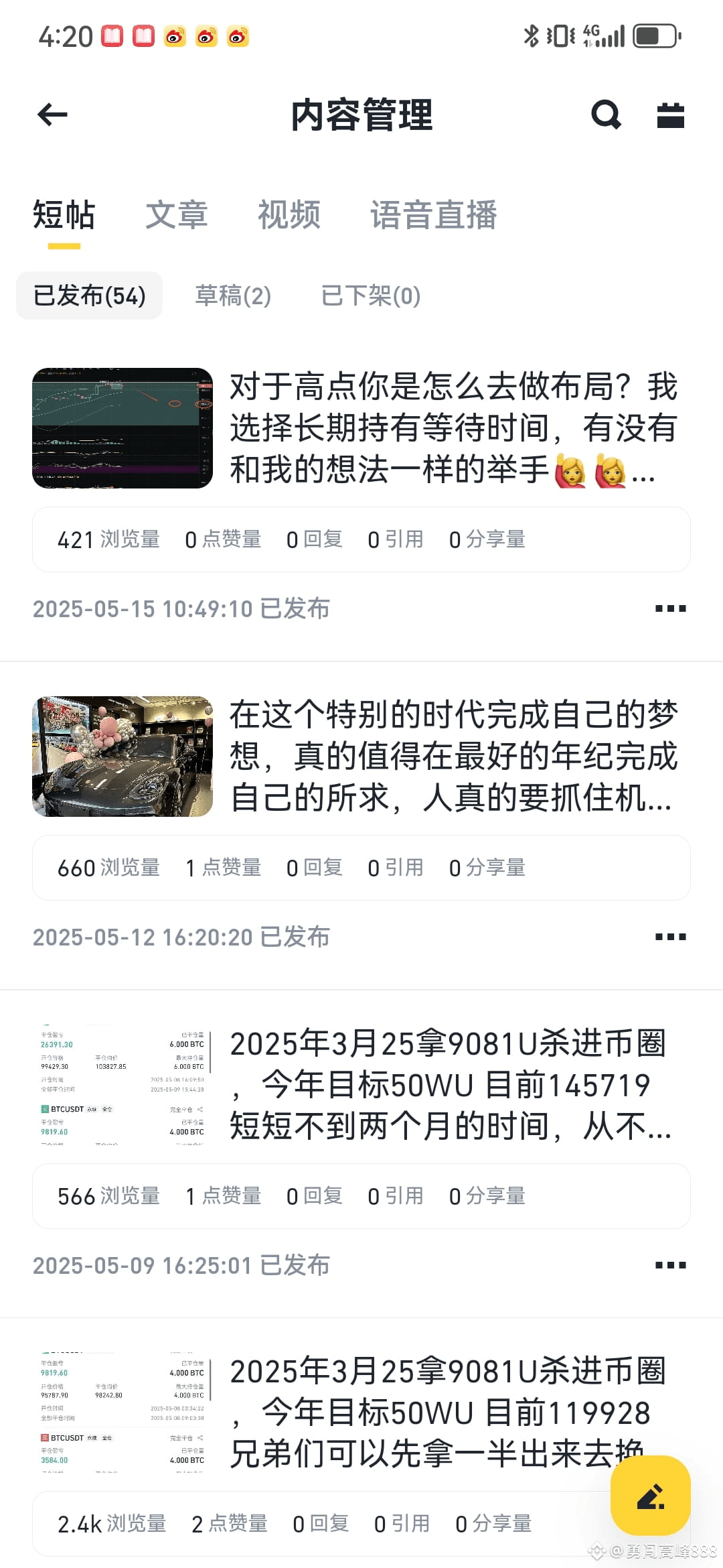 2025年3月25拿9081U殺進幣圈 ，今年目標50WU，上次剛拿出10萬U出來提了個車，這短短几天就又上來了，這合約 | 幣安廣場上的 勇闯高峰888