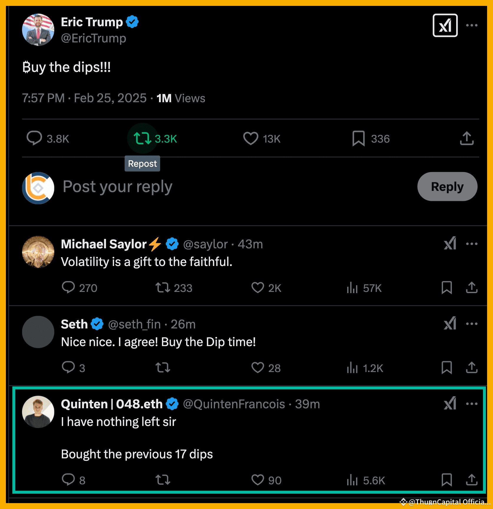 Eric Trump (son of President Trump): ₿uy the dips!!! Michae ...