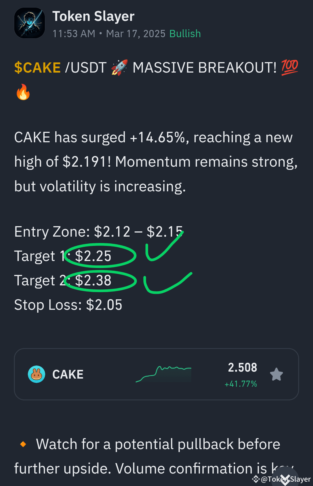 💵 $CAKE Long - Signal provided 16 hours before from now ha | Token Slayer on Binance Square