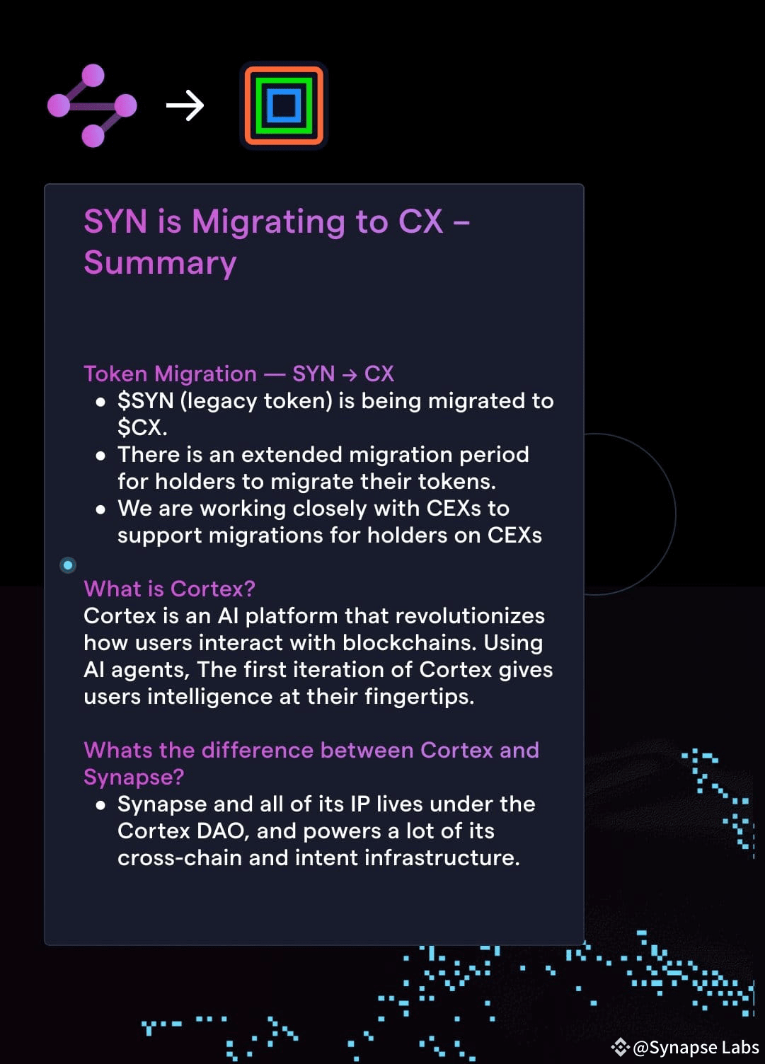 SYN is Migrating to CX Below is a quick summary of whats go | Synapse Labs on Binance Square