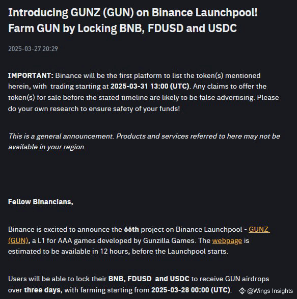 Binance launches the 66th Launchpool for GUNZ ⚡️ Binance an | Wings Insights on Binance Square